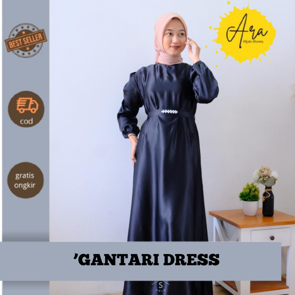 (Free Bross)gantari Dress Brocade Dress Satin Belt Pearl Top Women Dress Satin Sllk Premium ...