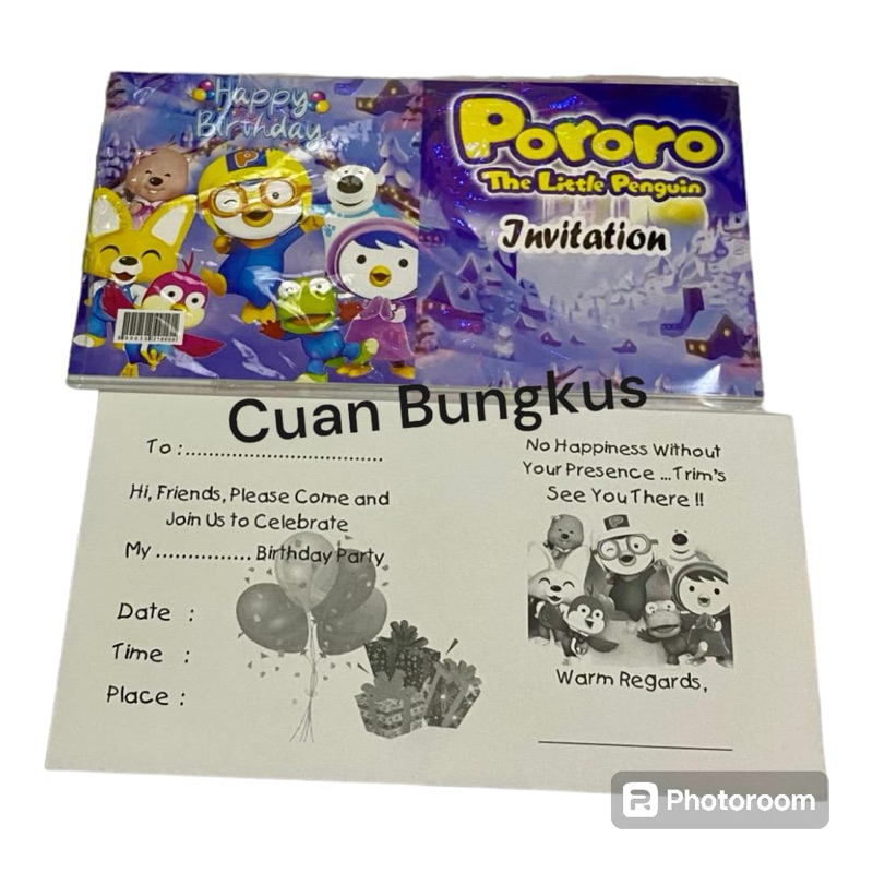 Contents Of 10pc Pororo Birthday Invitation Card/Happy Birthday ...