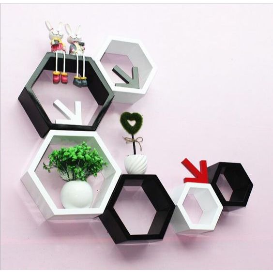 HIASAN DINDING KAYU Hexagonal wall decoration wall shelf Hexagonal ...