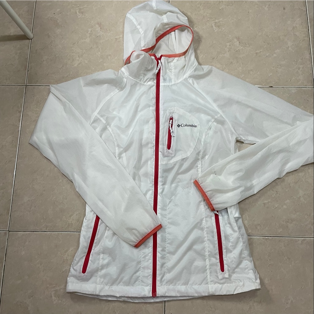 MERAH Columbia running jacket, white with red and orange pocketable ...