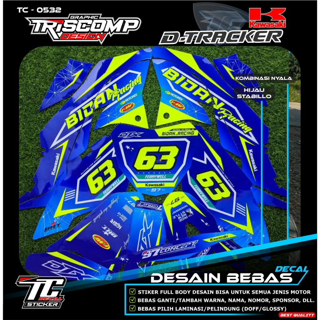 HIJAU Decal custom Sticker klx dtracker 150 new motif Blue list Green ...