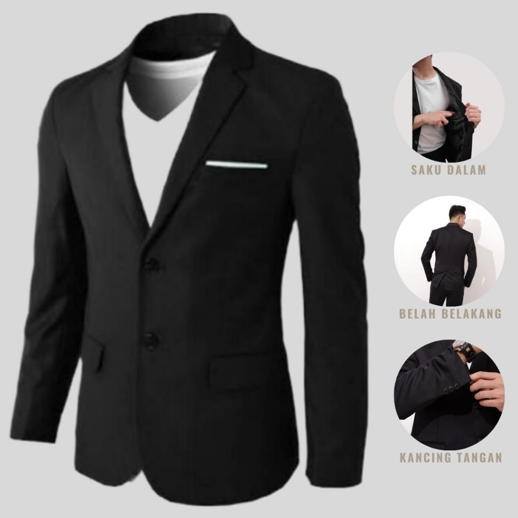 HITAM Jas Blazer Men Black Plain Slimfit Formal Office Work Graduation ...