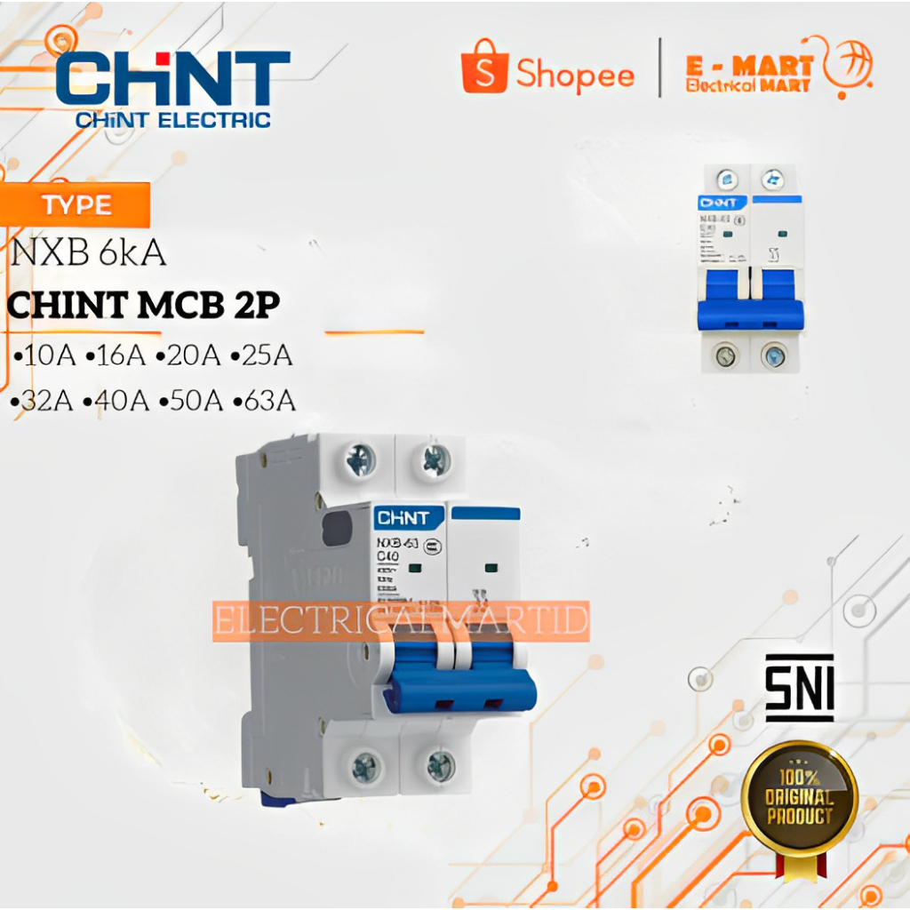 Chint MCB 2 Phase 10A 16A 20A 25A 32A 40A 50A 63A SNI NXB 6kA 2P | Shopee Malaysia