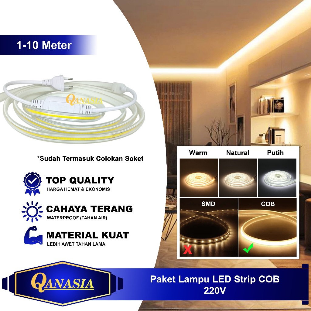 UNGU MERAH HIJAU PUTIH Cob LED Strip Lights 1 Meter to 10 Meters Warm ...