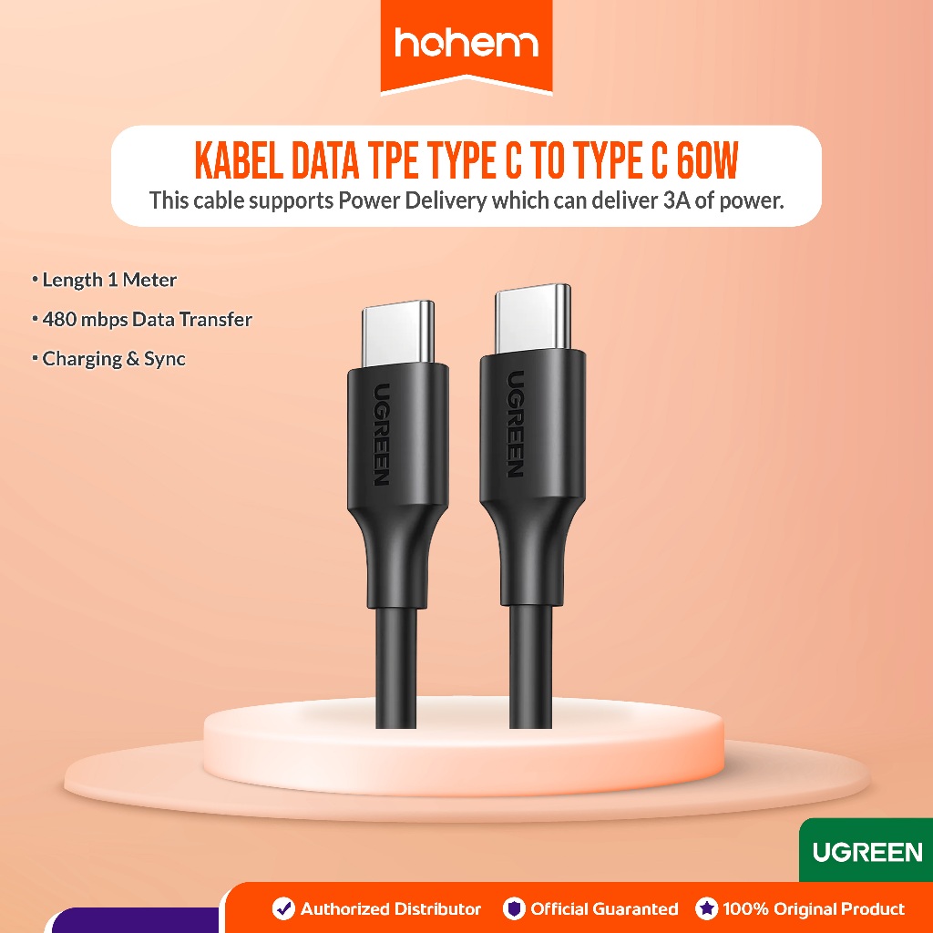 Ugreen ORIGINAL TPE Data Cable TYPE C TO TYPE C 60W 3A 1M Super Fast ...