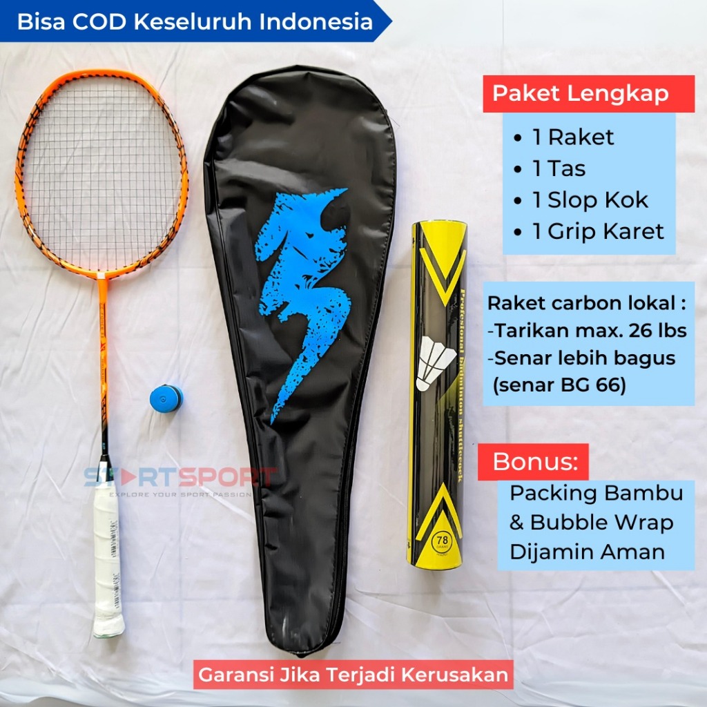 26 lbs Carbon Badminton Racket Complete, Free Rubber Grip Bag, Bonus ...
