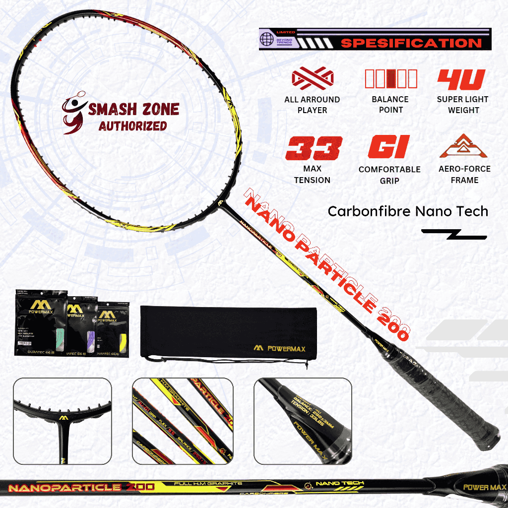 Original Power Max NANO PARTICLE 200 Badminton Racket 33 LBS 4U Ultra ...