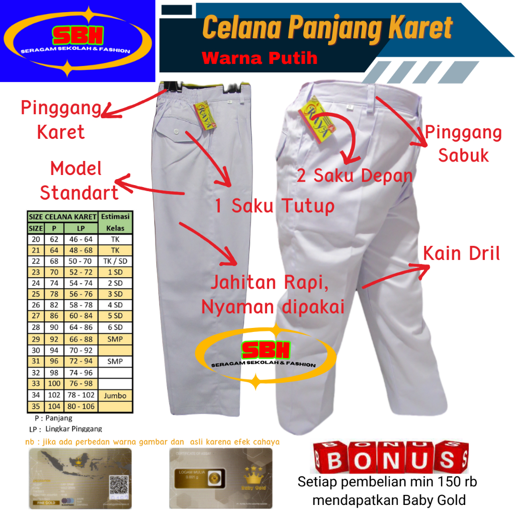 PUTIH School Uniform Trousers White Color TK/SD/MI/Madrasah/SMP/SMA ...