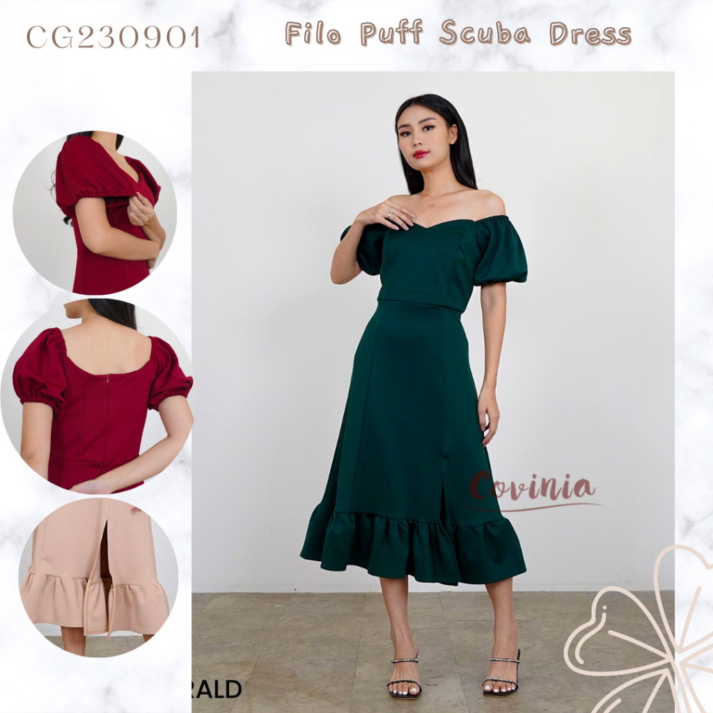 Filo Puff Scuba Dress Puffy Short Sleeve Figona Flare Mermaid Slit ...