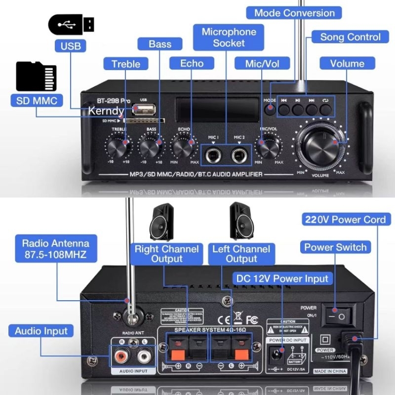 KERNDY BT-298 pro ECHO Bluetooth Amplifier EQ Audio Amplifier Karaoke ...