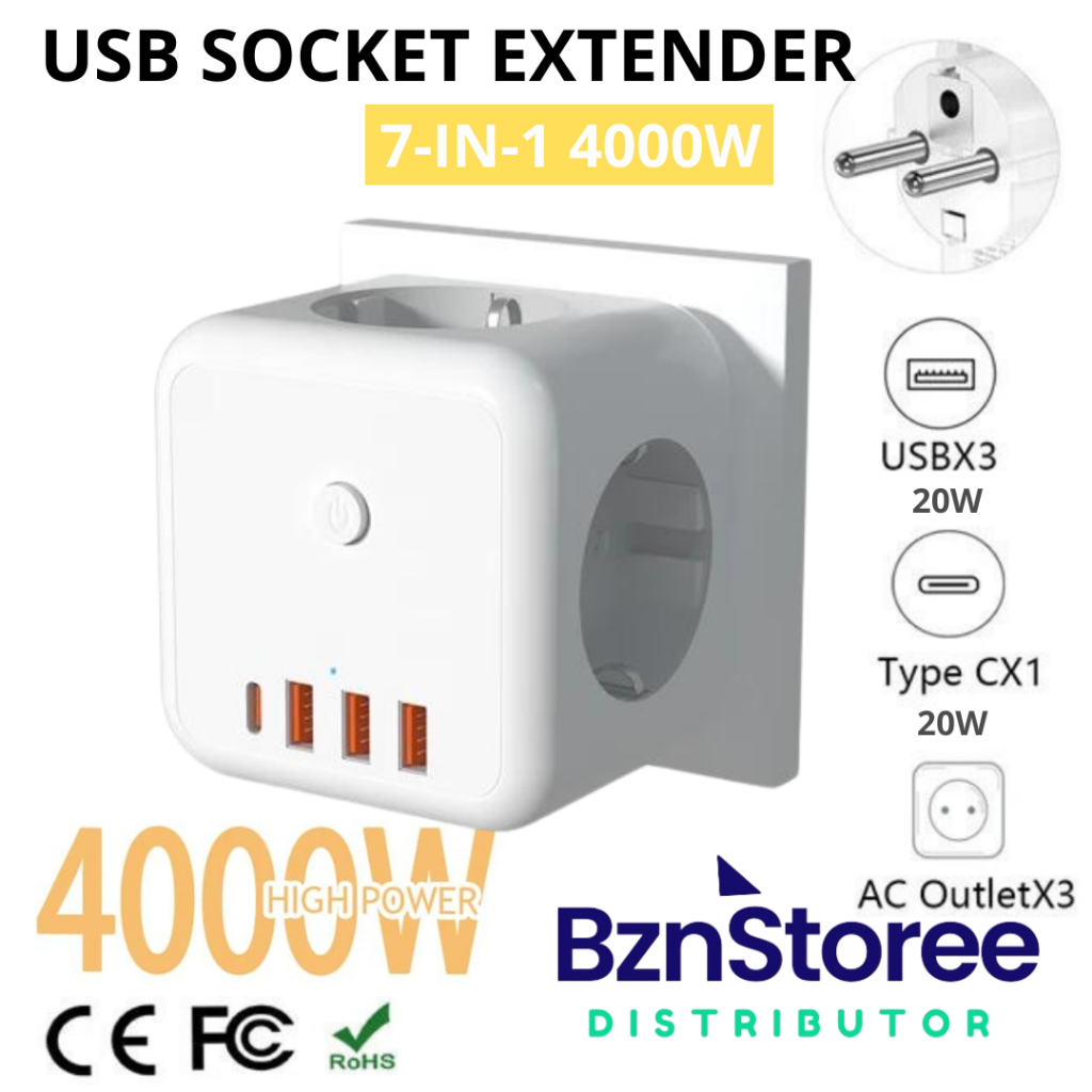 7 in 1 Cube Power Plug Socket (USB*3+ Hole Plug*3+Type C*1 ...