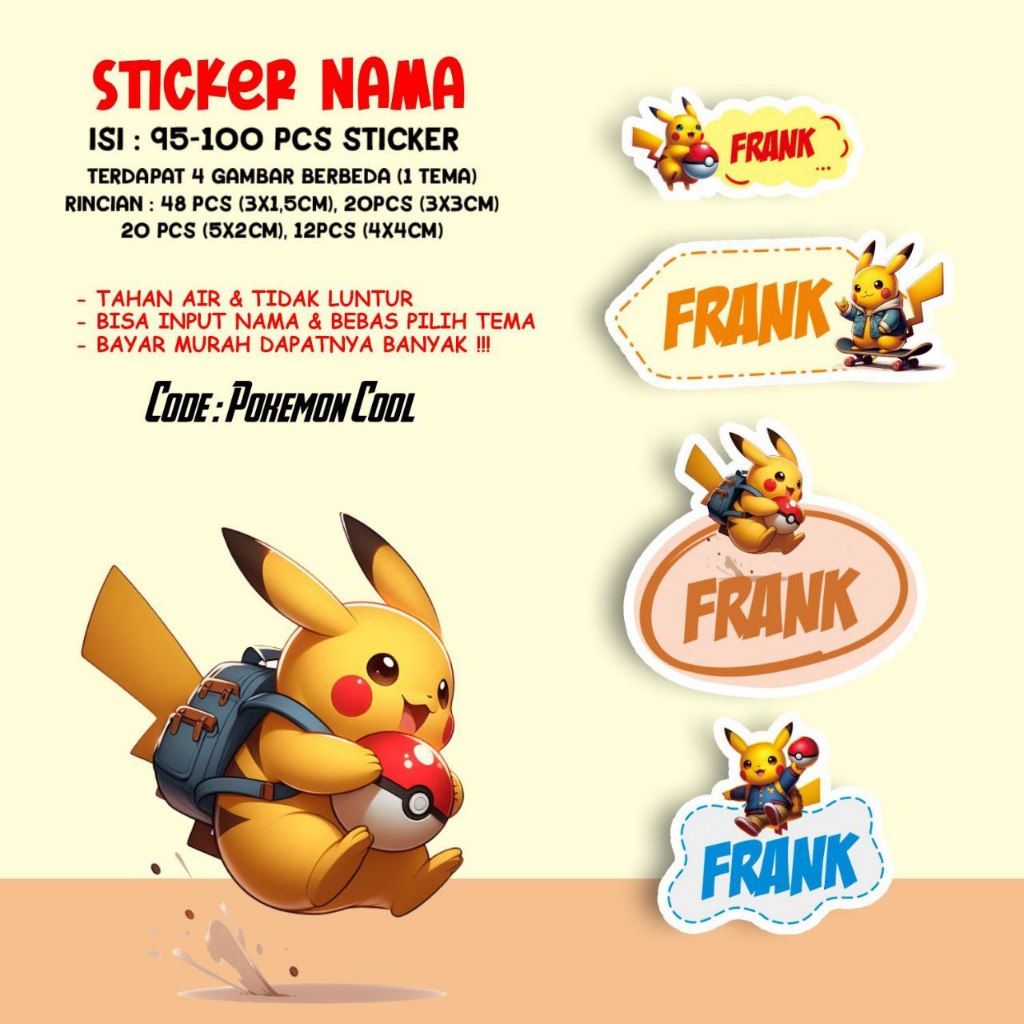 Sticker/name Label Sticker POKEMON Theme Character COOL/PIKACHU/PIKACU ...