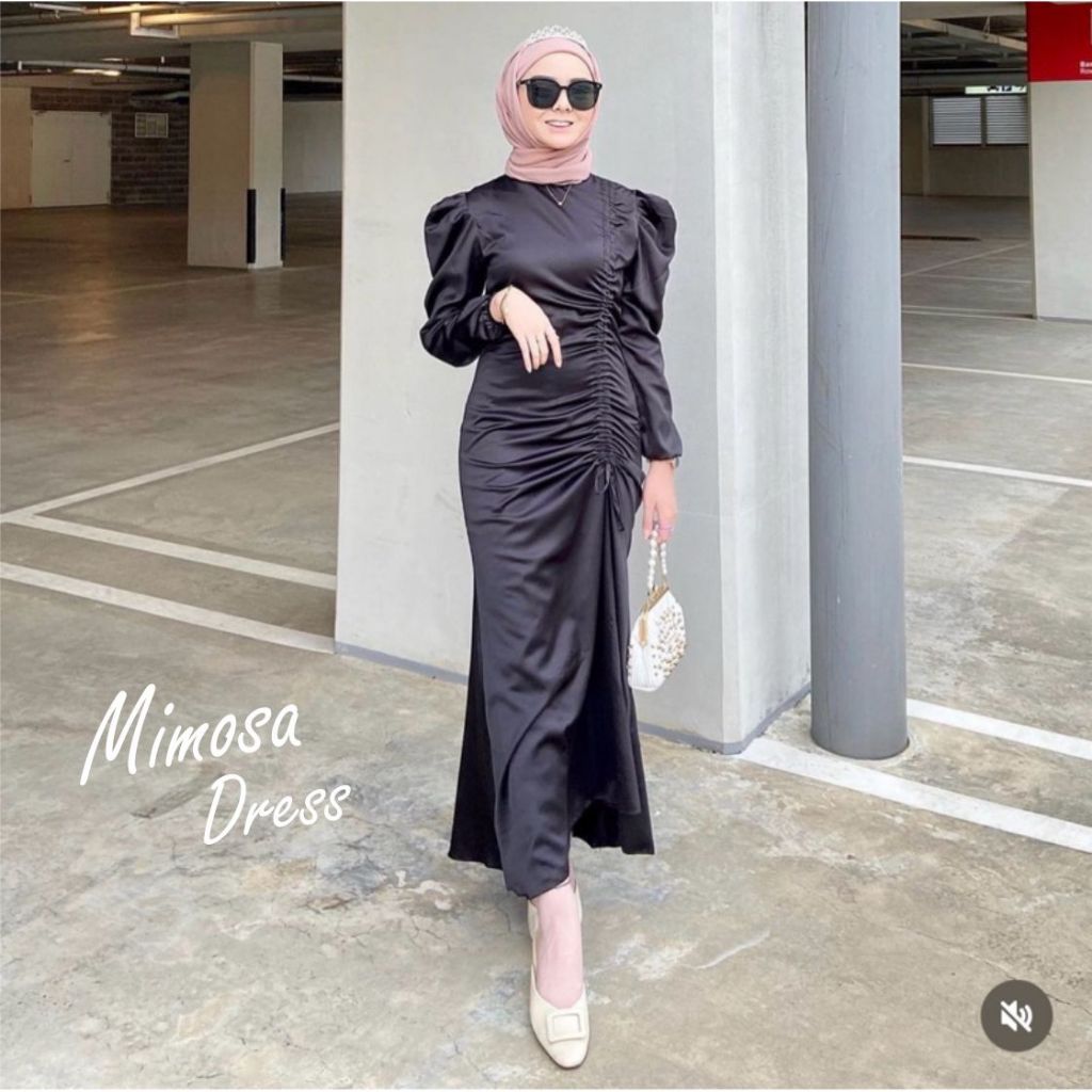 Mimosa Dress Satin Silk Side Drawstring Long Dress Premium Women's ...