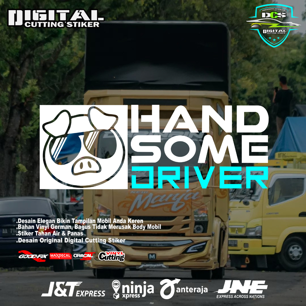 Sticker with words, hand some driver, pickup truck window, truck ...