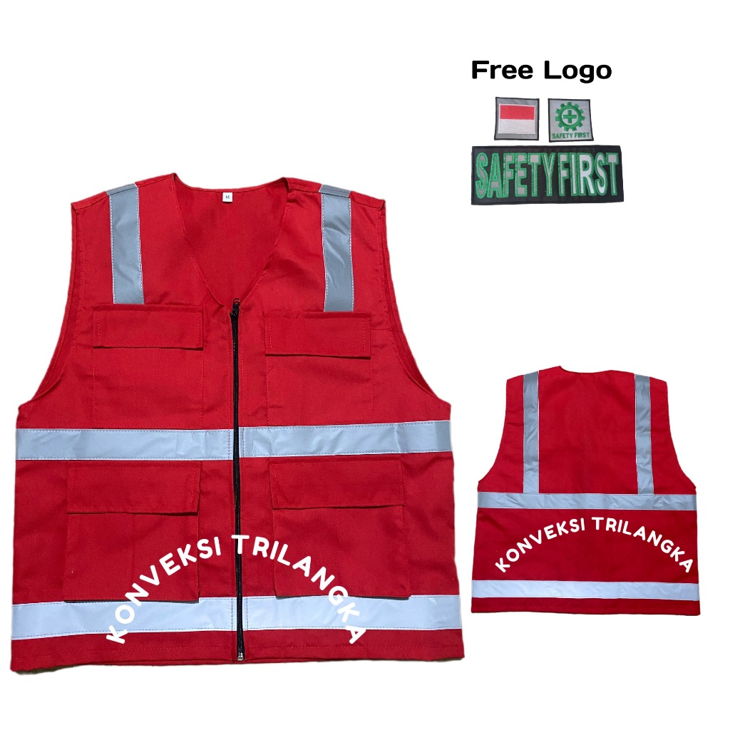 MERAH Free Logo K3 Drill Field Project Work Vest 4 Pockets Premium Red ...