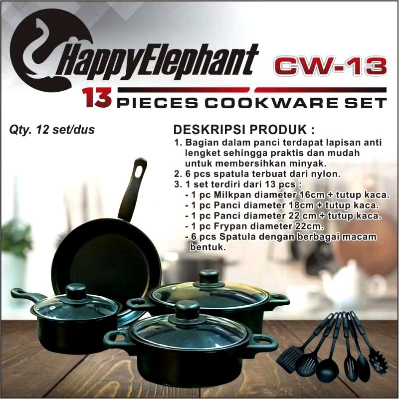 Happy Elephant 13 Pieces Cookware Set CW-13 / 1 Complete Cookware Set ...