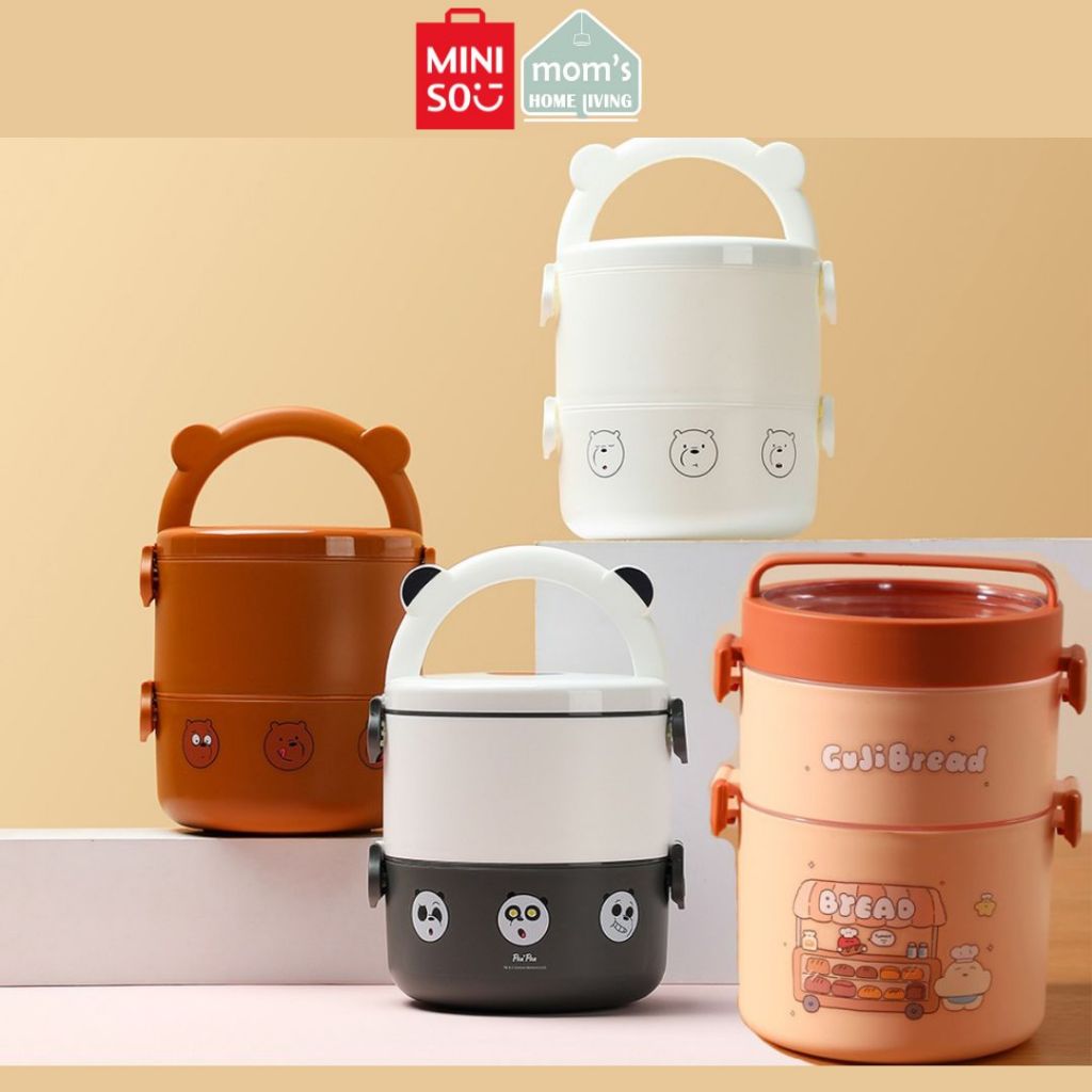 Miniso 2-layer Lunch Box With Spoon 1850ml We Bare Bears Bento 2 in 1 ...
