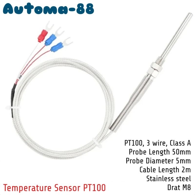 Temperature Sensor RTD PT100 3 Wire Probe 50mm 5cm Drat M8 cable length ...