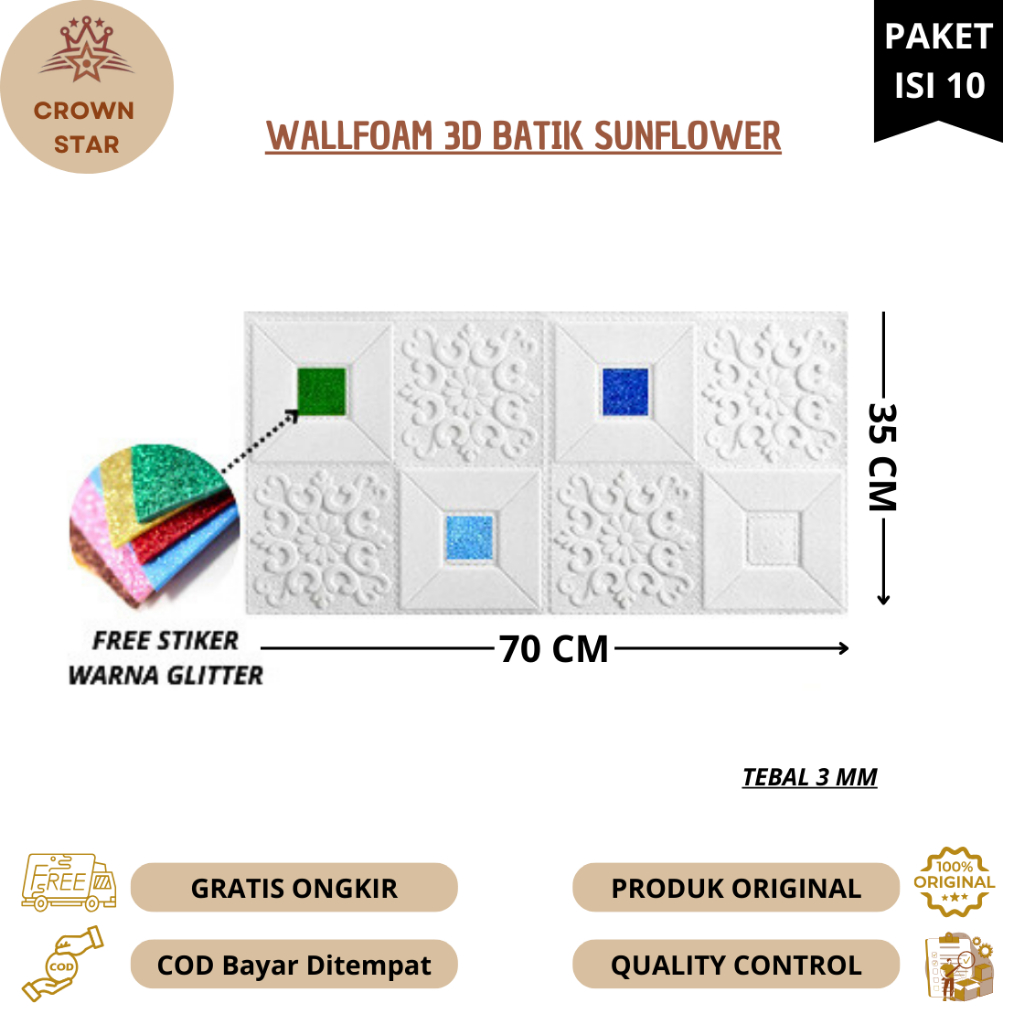 (Pack Of 10 Sheets) 3D WALLPAPER Size 70x35 CM Thickness 3mm BATIK FOAM ...