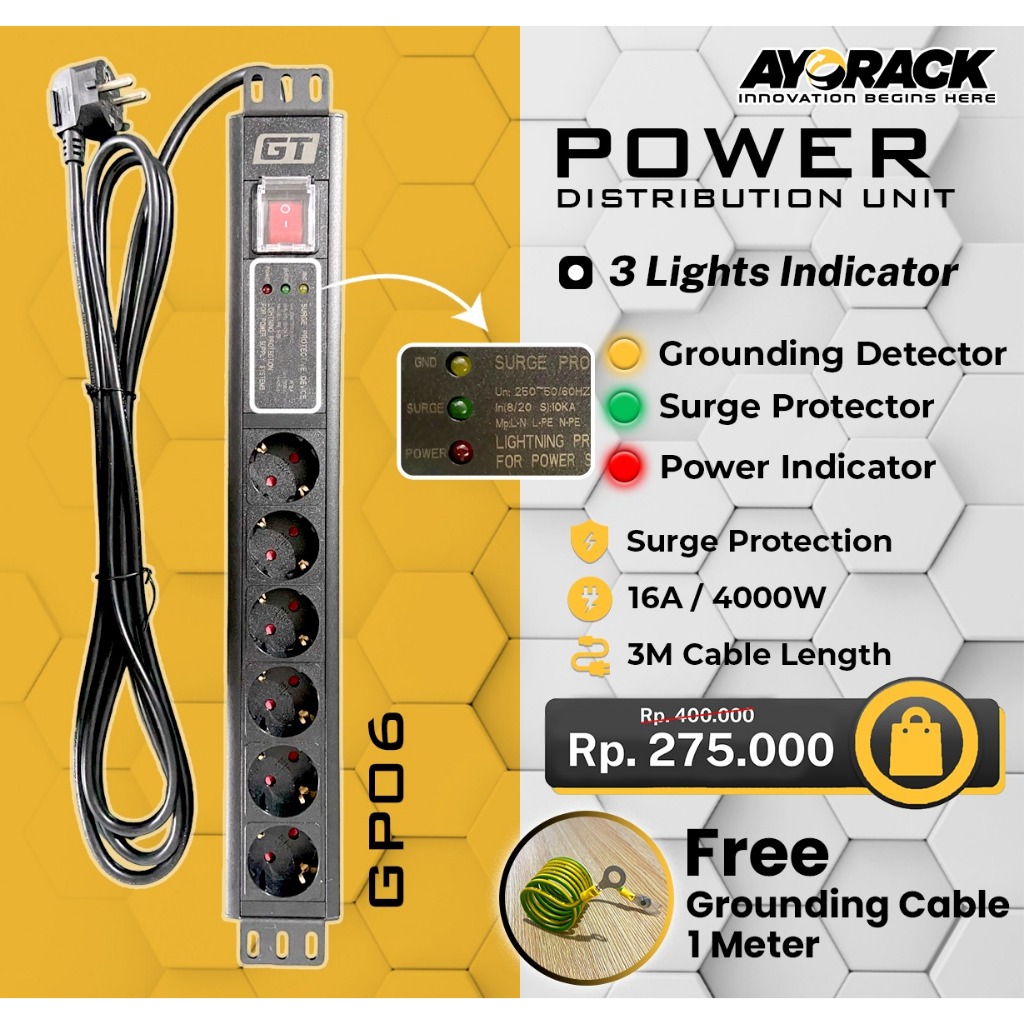 Pdu 6 Outlets 16A 4000watt GT RACK GP06 GERMANY OUTLET - 3 METER Socket ...