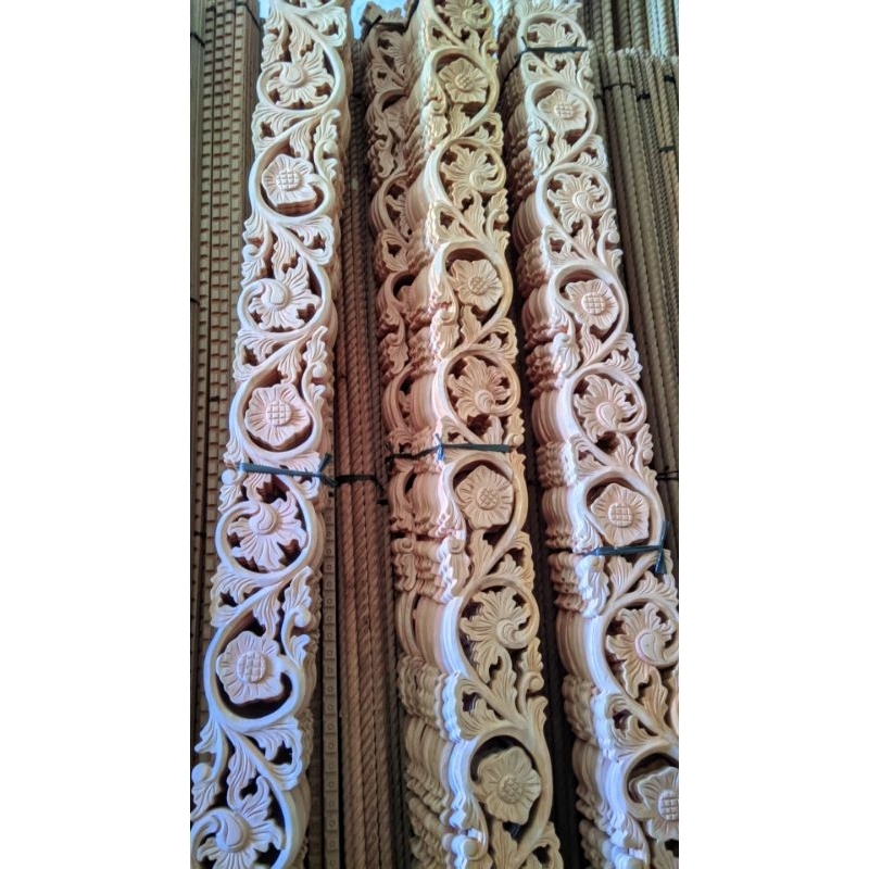 (1 stick) LONG ORNAMENT Leaf flowers 15cm x 2 meters, jepara carving of ...