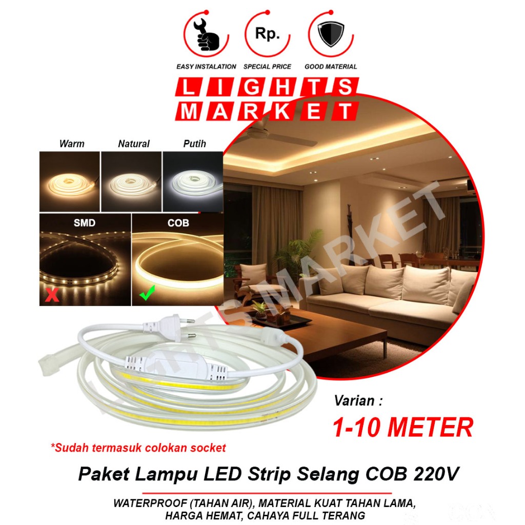 Package 1-10 Meters COB LED Strip Lights 220V Indoor Outdoor Ceiling ...