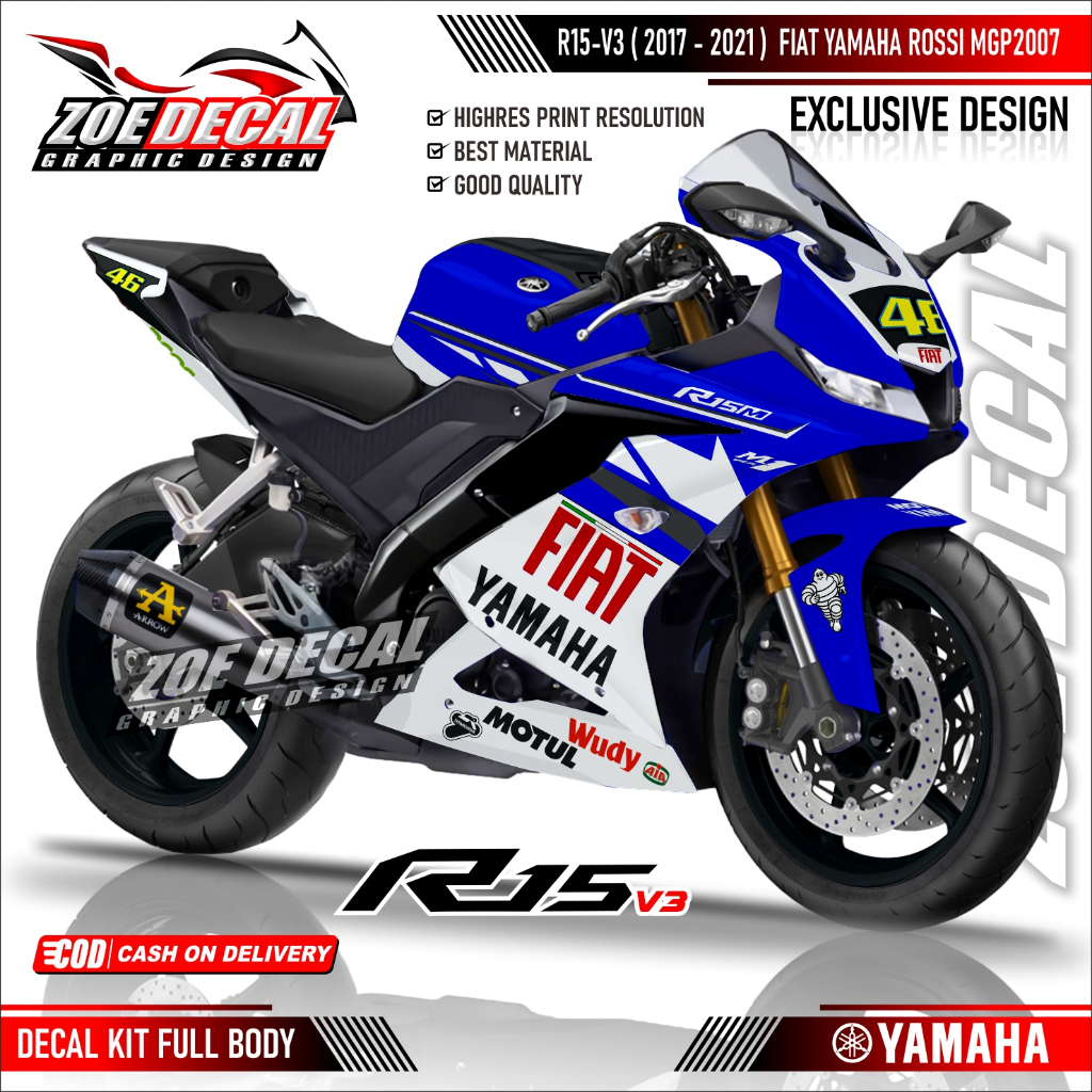 Newest DECAL STICKER FULL BODY YAMAHA R15 V3 MOTIF FIAT YAMAHA ROSI MGP 2007 | Shopee Malaysia