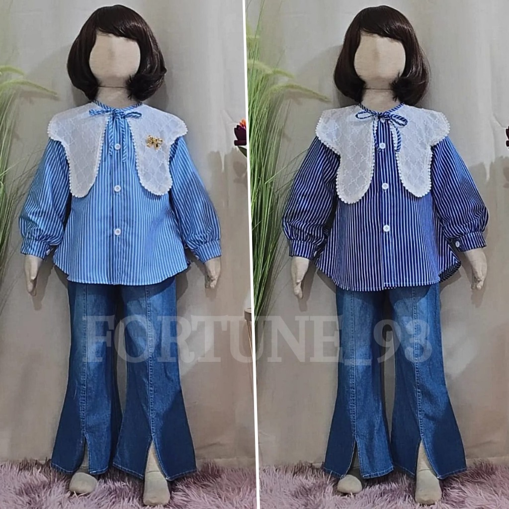 Jeans Suits For Girls import korean style Striped motif mix Brocade Age 3-12 Years Old Pants set ...