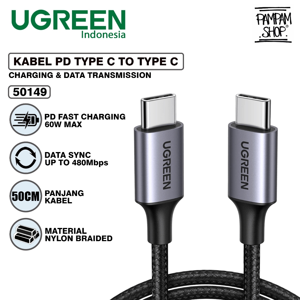 Ugreen Data Cable 50149 Nylon Braided TYPE C to TYPE C 60W 3A 50CM ...