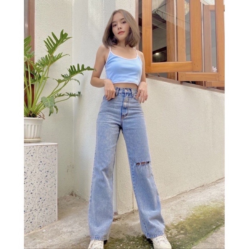 Maweth Highwaist Pants Culottes Loose Jeans Women Ripped Knee | Shopee ...