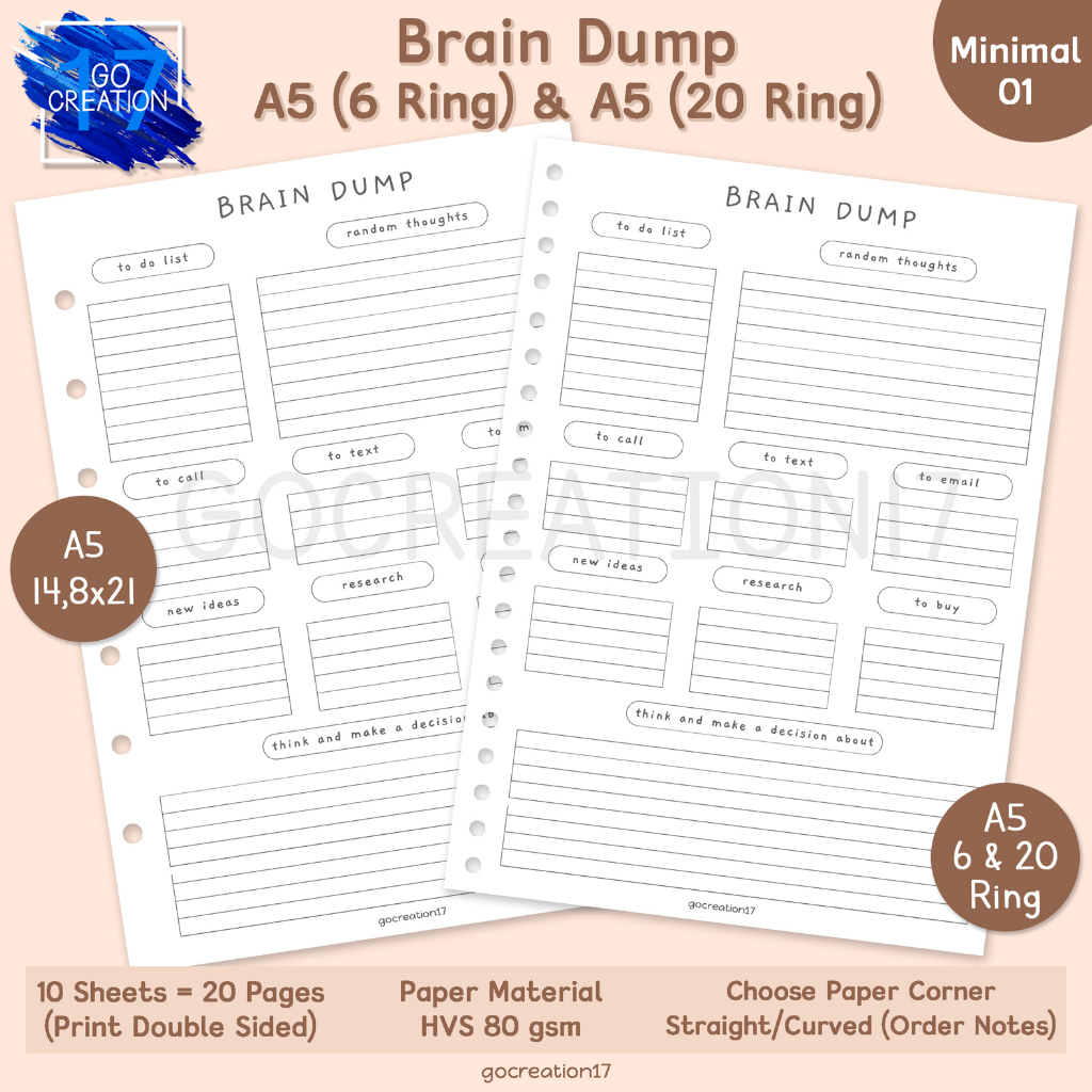 Simple Minimalist Brain Dump Binder Paper Planner A5 ring 20 And A5 ...