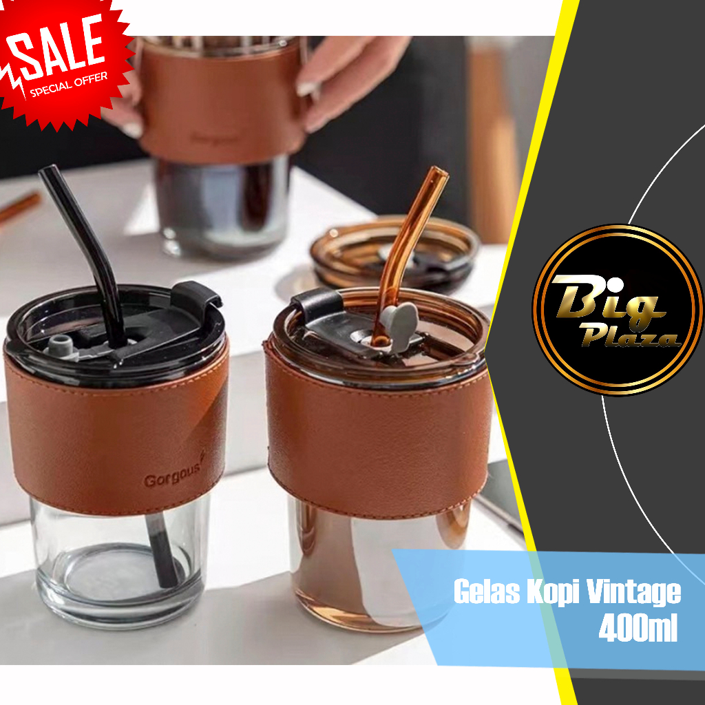 Slub Glass Tumbler Vintage Coffee Glass 400ml Free Straw 0978 | Shopee ...
