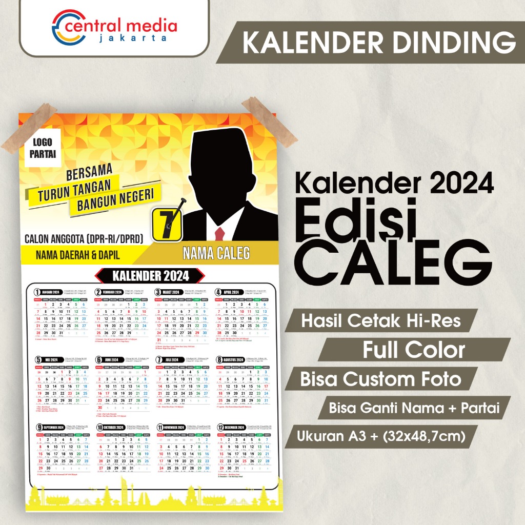 Print Wall Calendar 2024 Caleg Poster 1 Sheet 12 Months custom Minimum ...