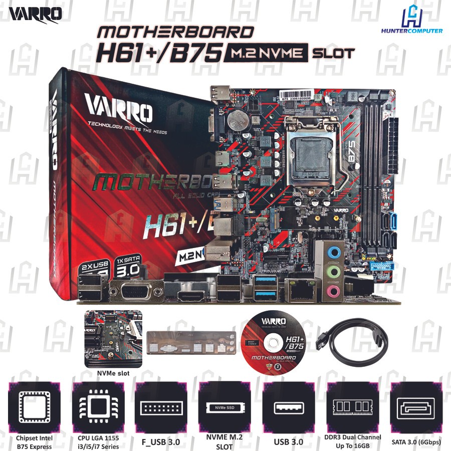 Motherboard h61+/b75 ddr3 LGA 1155 NVME SATA 3.0 & USB 3.0 Varro ...