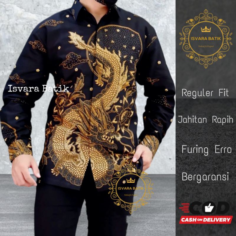 KEMEJA GOLD DRAGON Long sleeve dragon motif batik shirt, latest men's ...