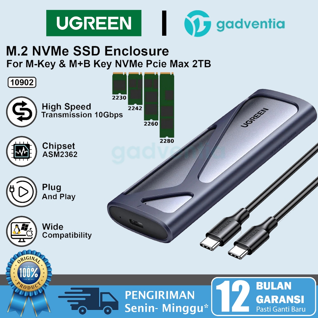 Ugreen SSD Case Enclosure NVMe M.2 Sata To USB 3.1 Gen2 10gbps M-Key & B-Key Plug & Play ...