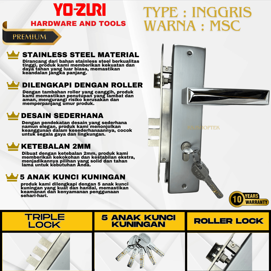 Premium Large Door Lock 25cm Complete Set Stainless Steel Triple Lock ...