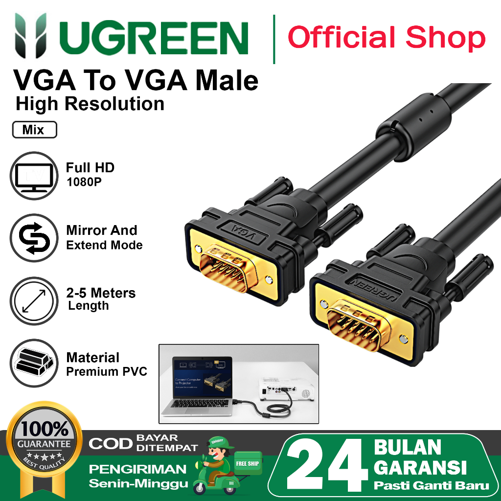 Ugreen VGA To VGA Male Cable Full HD 1080P High Quality 2m 5m | Shopee ...