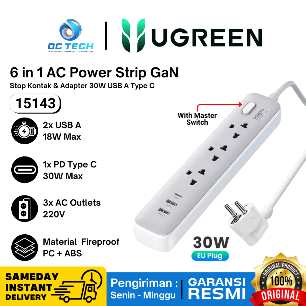 Ugreen 15143 GAN Power Strip 6 IN 1 Socket Adapter 30W 3 Plug USB Type ...