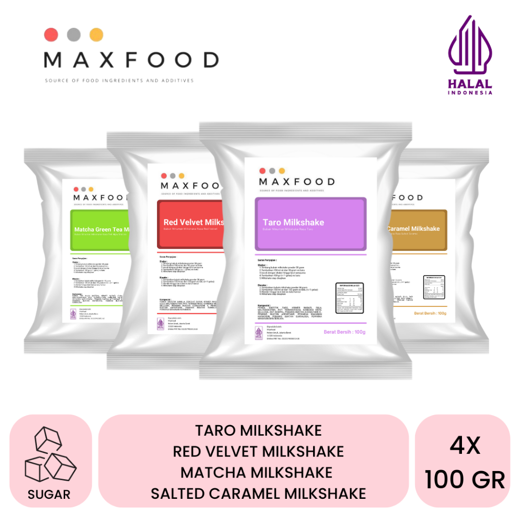 Maxfood - Sample Flavoured Milkshake Taro, Red Velvet, Matcha, Salted Caramel Milkshake 100 GR ...