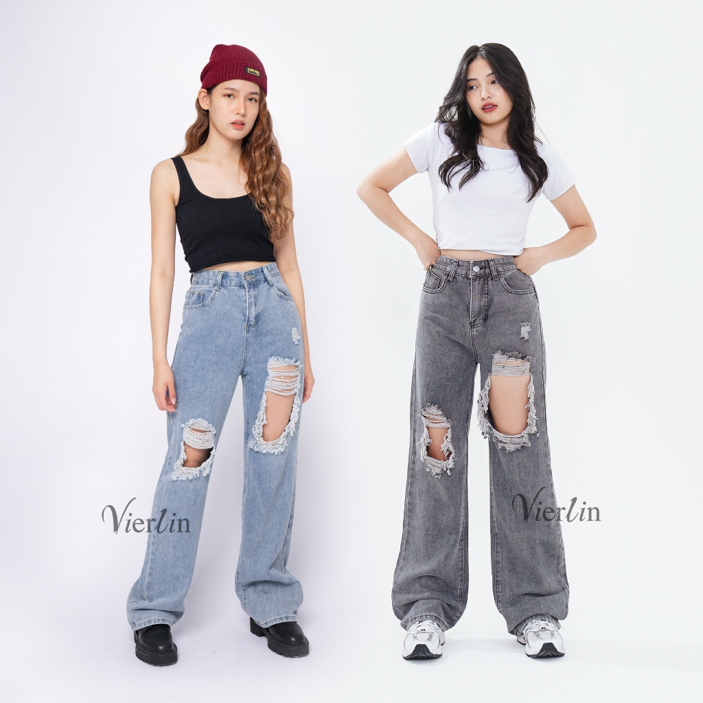VIERLIN - Jeans 2502 2503 - HIGHWAIST BAGGY RIPPED JEANS | Shopee Malaysia