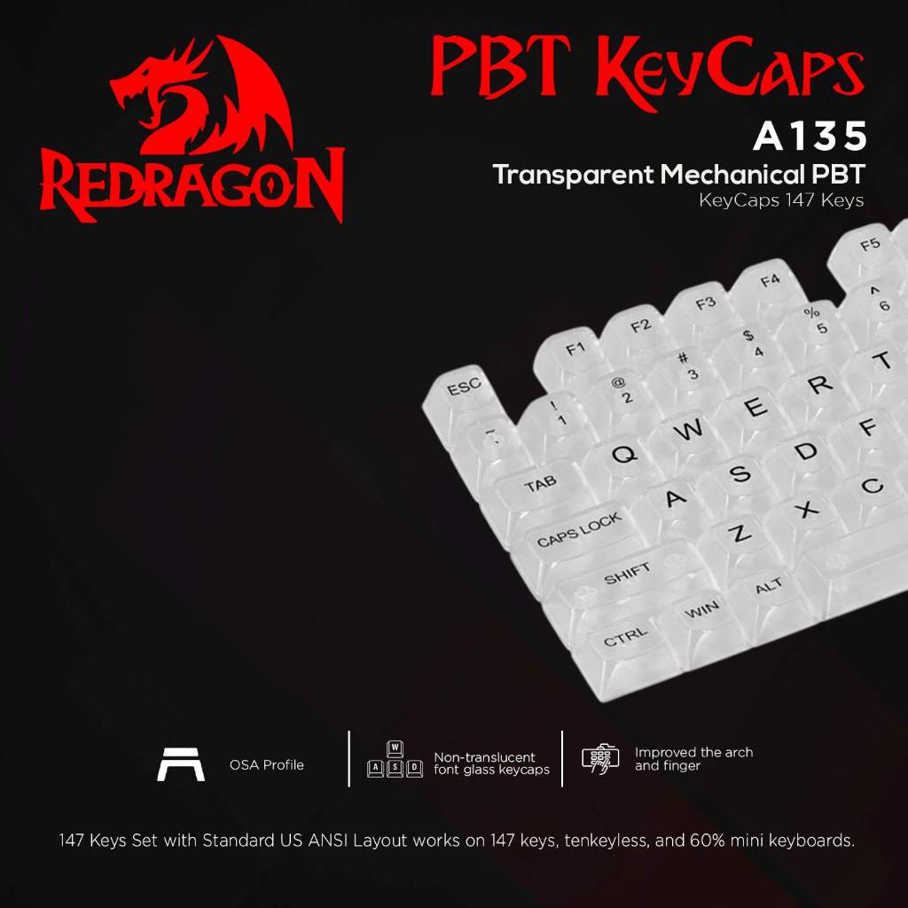 Redragon Transparent Mechanical PBT Keycaps 147 Keys CRYSTAL - A135 ...