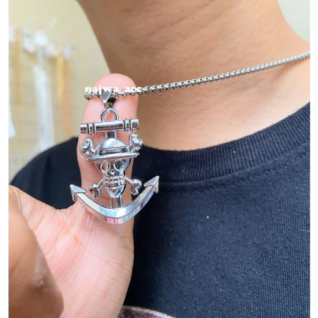 One piece silver titanium anchor necklace rolo chain 45-60cm for men ...