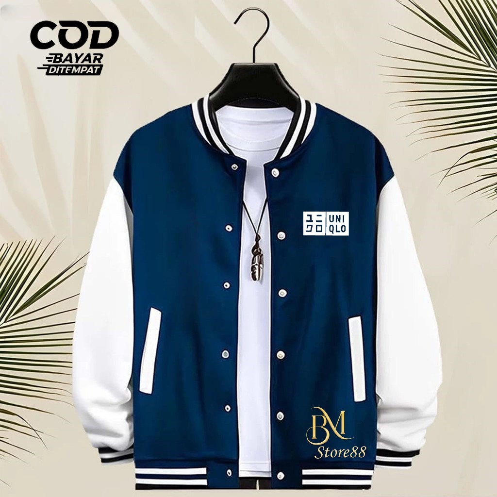 LANSUNG White Uniqlo Text Button Varsity Baseball Bomber Jacket Men's ...