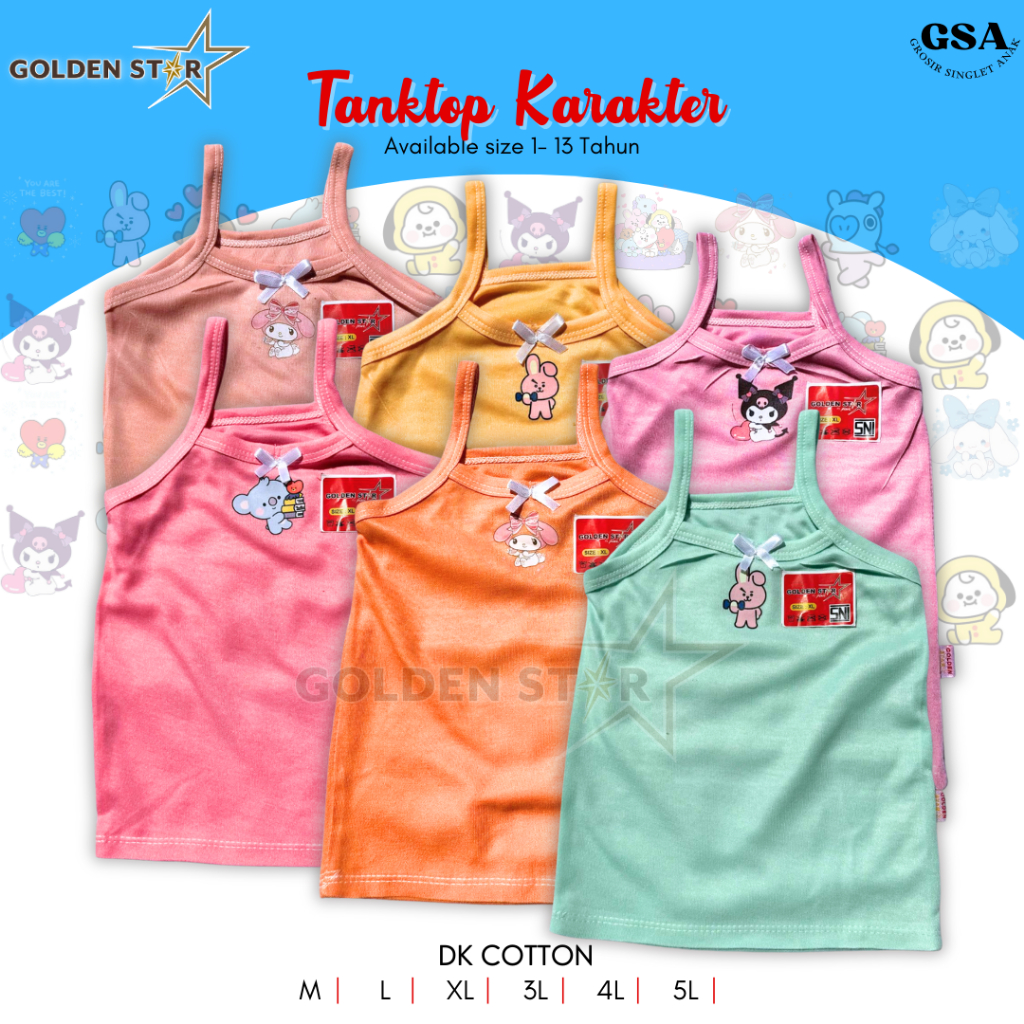 PUTIH 6 pcs singlets for girls with bt21, kuromi, cinamoror characters ...