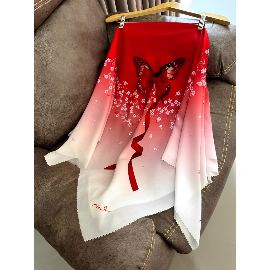 MERAH Rectangular Voal Hijab with RED WHITE BUTTERFLY Motif Rectangular ...