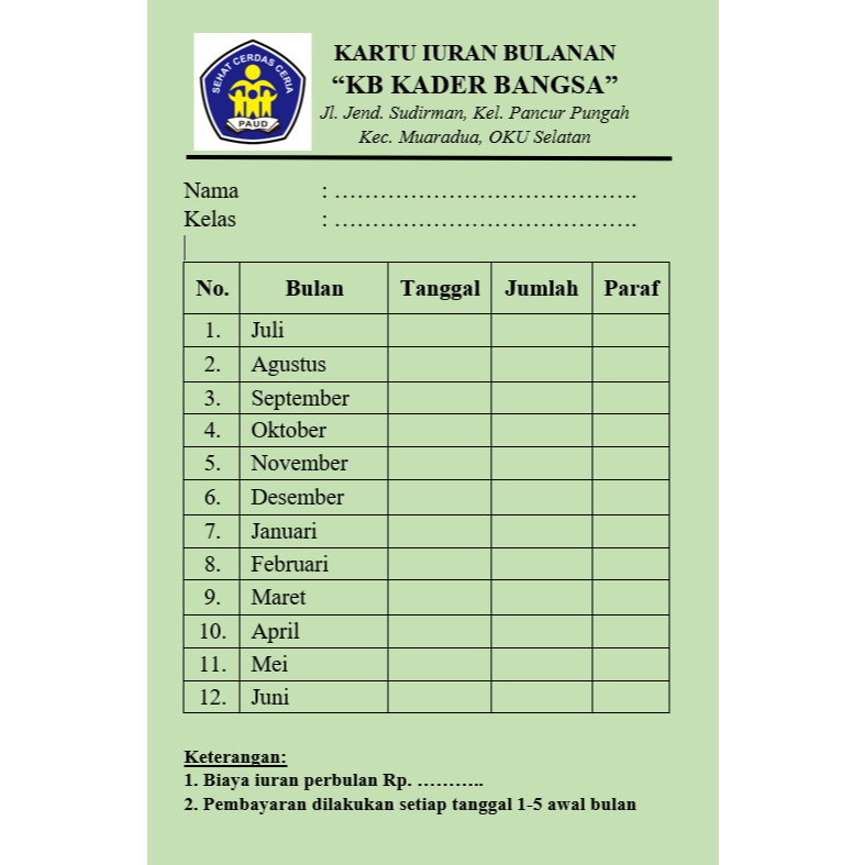 Custom Monthly Infaq & Contribution Cards | RT RW SPP Electric Water ...