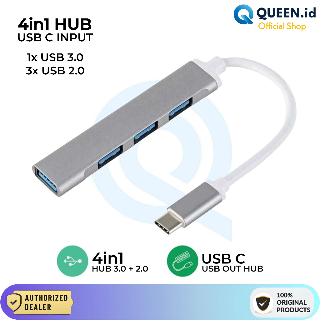 QUEEN USB TYPE C HUB 4in1 USB 3.0 Adapter Highspeed 4 Port Aluminum OTG ...