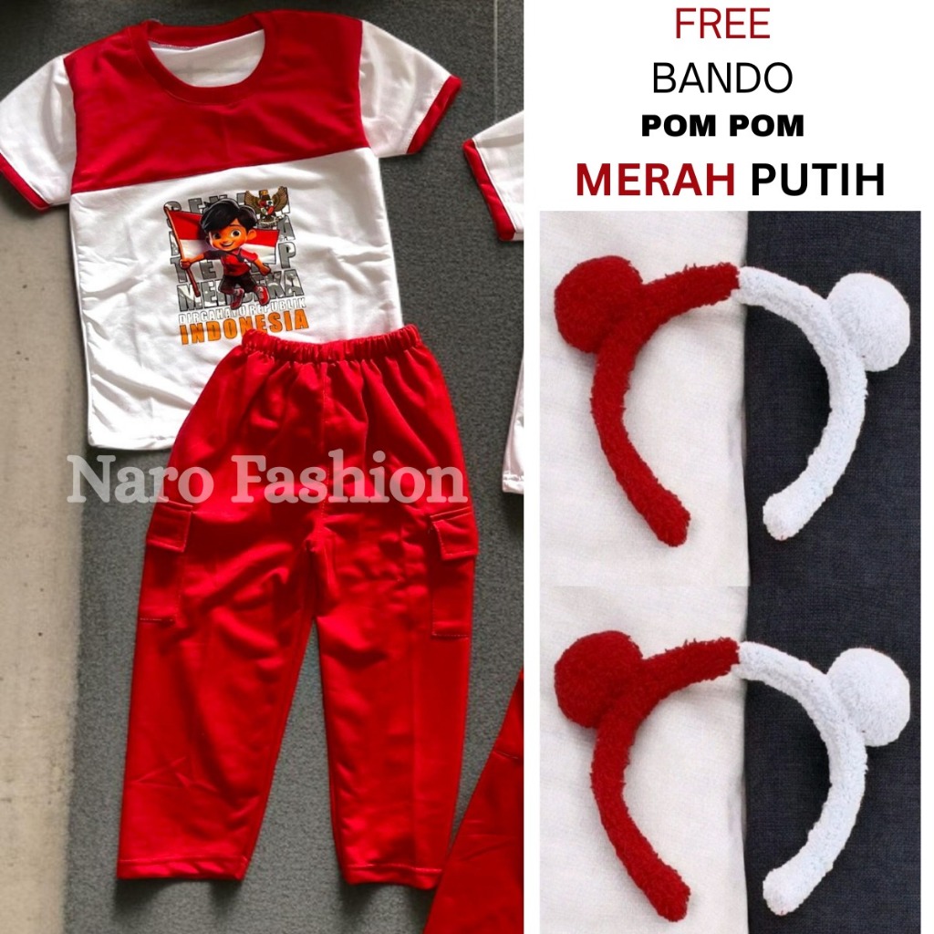 MERAH FREE HEADBAND POM POM Red and White Independence Shirt Set 17 ...