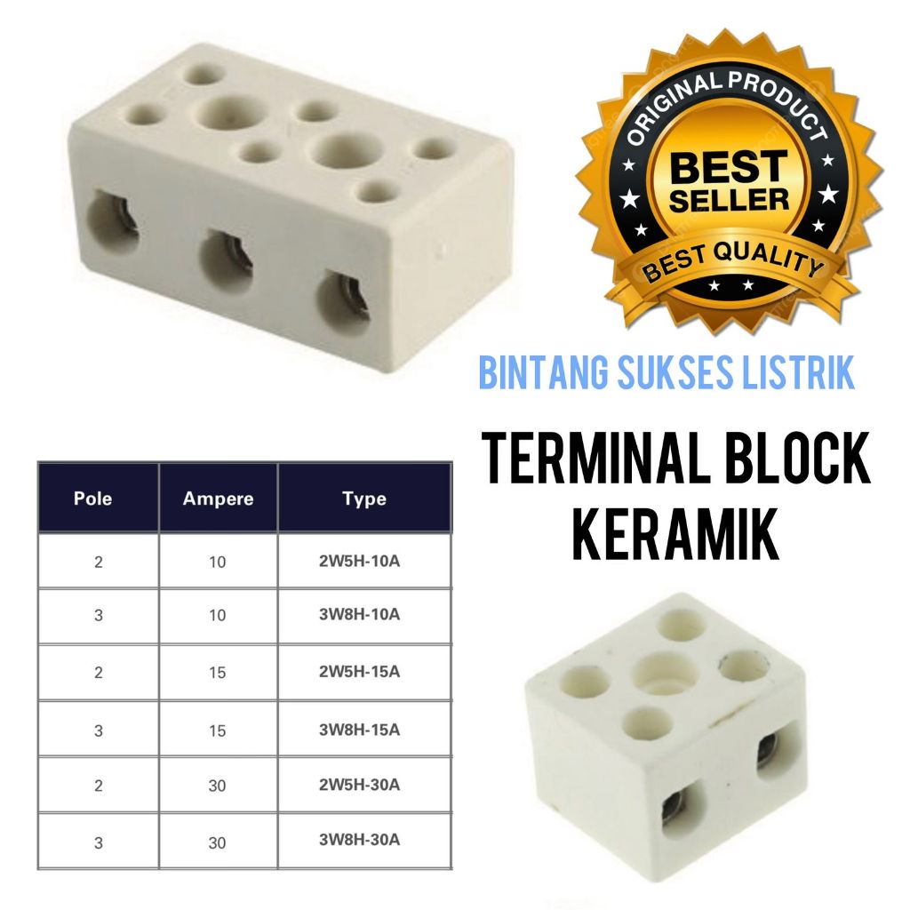 ORIGINAL Ceramic Terminal Block 2W5H 2 Pole 10 Amper 15 Amper 30 Amper ...